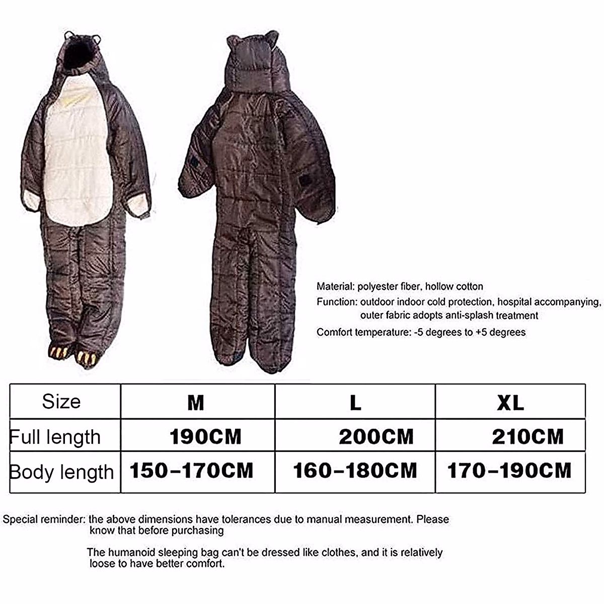 AXUYU Wearable Sleeping Bag 3 Season Bear-Shaped Sleeping Bag Camping Adults Full Body Sleep Pouch for Camping,Traveling, Hiking, Backpacking/L