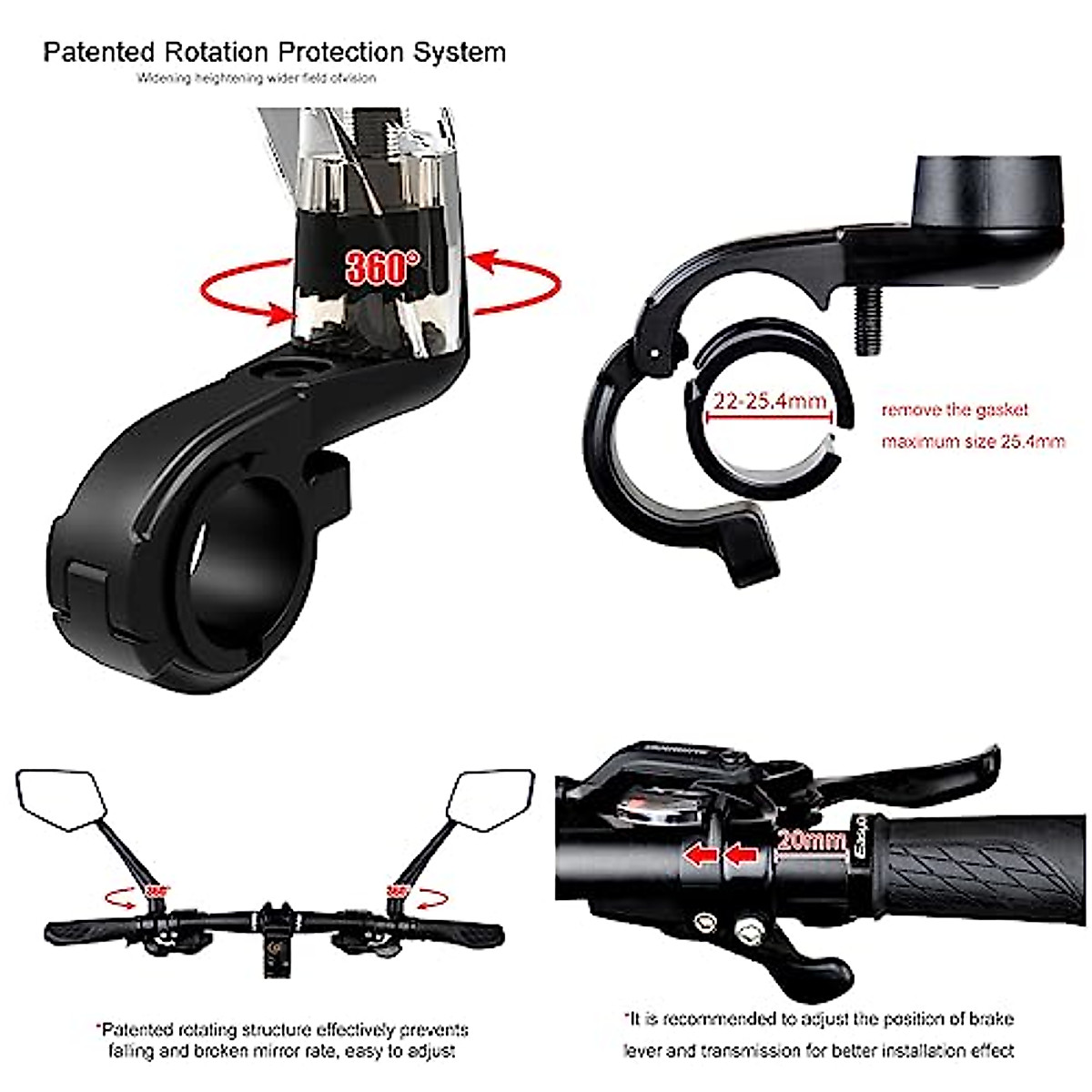 DRCKHROS Handlebar Bike Mirror E-bikes Mirrors Safe Clear Glass Mirrors, Anti-Shake 360° Rotatable High-Definition Shockproof Explosion-Proof Wide-angle Bicycle Rear View Mirror …