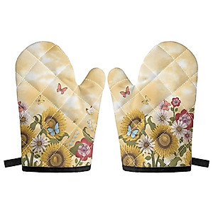 Dolyues Sunflower Print Ovens Mitt Heat Resistant Kitchen Gloves for Women