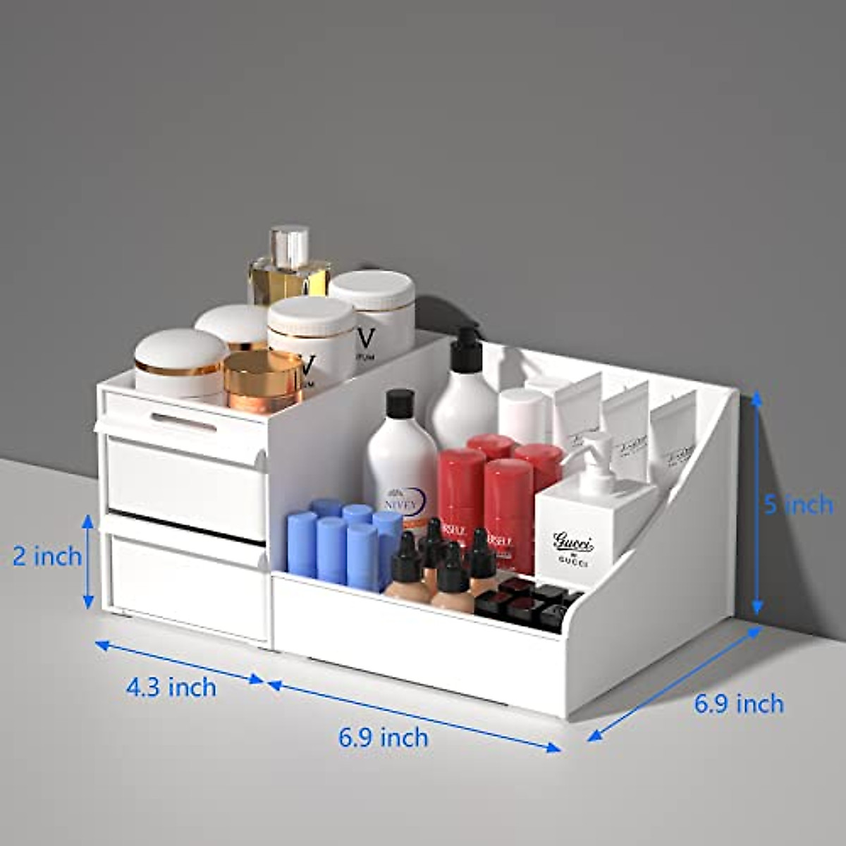 VZINO Drawer Makeup Organizer for Vanity, Large White Desk Organizer for Cosmetics, Skincare, or Stationery, Perfect for Bedroom and Office Countertops