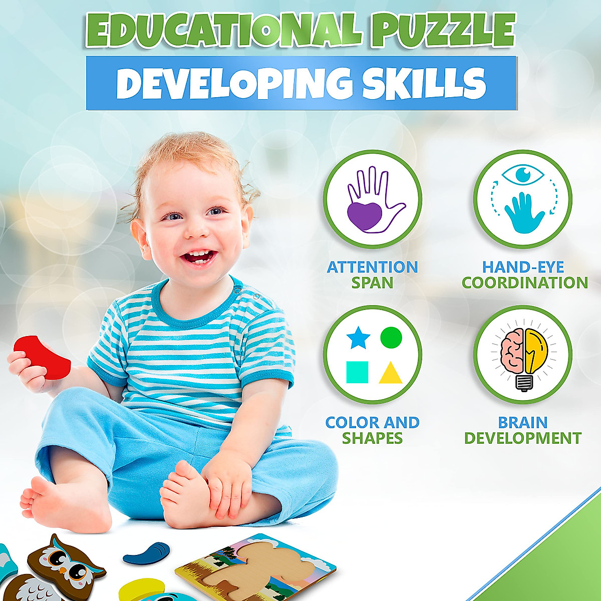 Wooden Puzzle Toddler Toys - Educational and Learning Montessori Toys for Boys and Girls, 6 Unique Animal Patterns - Preschool Jigsaw Puzzles for Toddlers 2-5 years old, Great Birthday Gift for Kids