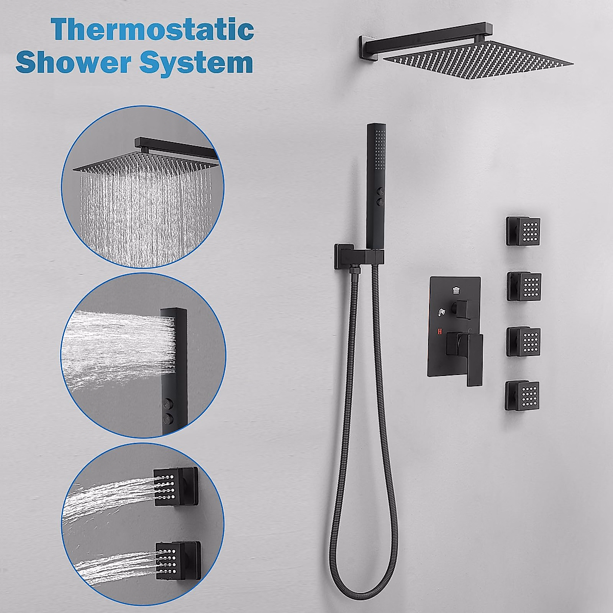 RUMOSE Rainfall Shower System with 4 Full Body Jet 4 Mode Shower Faucet Set with 12 Inch Rain Shower Head and 2 in 1 Handheld Spray, Matte Black Brass Shower Jet Shower Fixtures, Wall Mounted