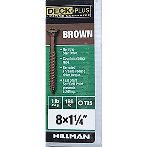 Deck Plus Wood Screws, Brown Exterior Screws, 1-1/4" x #8, 1lb