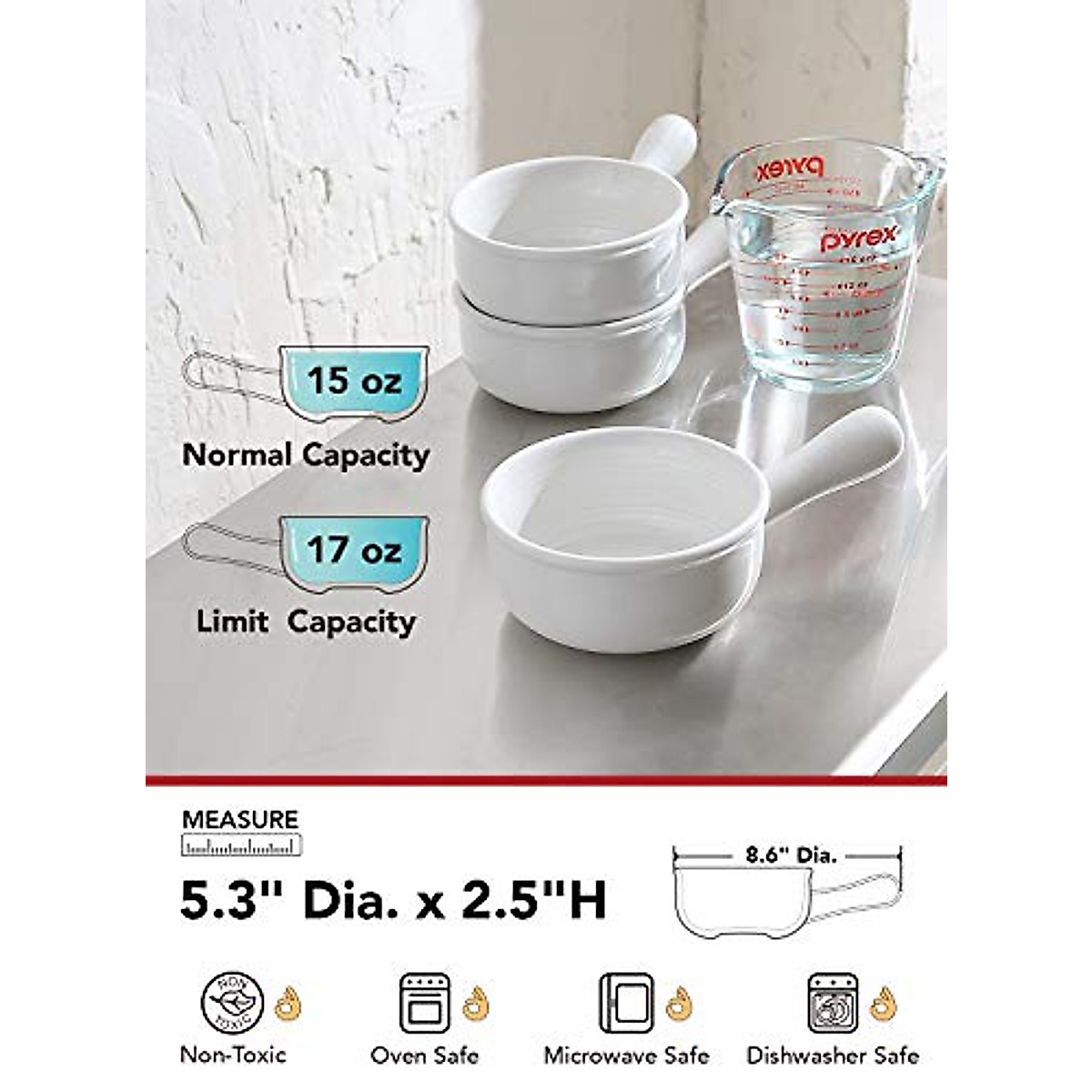 LE TAUCI French Onion Soup Bowls With Handles, 15 Ounce for Soup, chili, beef stew, Set of 4, White