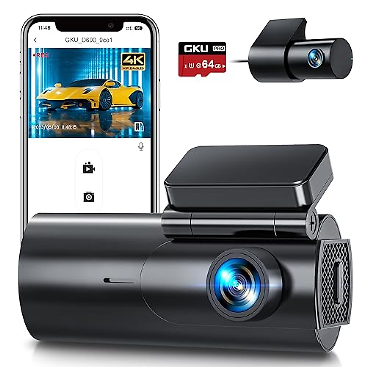 Dash Cam Front and Rear Camera, 4K/2.5K Full Dashcams for Cars with 64GB SD Card, WiFi & App Control, Night Vision, Parking Mode, G-Sensor, Loop Recording,WDR,170° Wide Angle