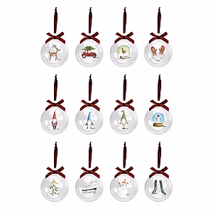 Rae Dunn Christmas Ornaments - Set of 12 Clear Glass Balls with Cute Holiday Designs - 60mm / 2.36 Inch Hanging Decorations for Xmas Tree