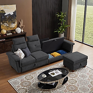 Convertible Sectional Sofa with Storage, 4 Seat L Shaped Couch High Head with Ottoman and Cup Holder, Modern Microfiber Fabric Sofas Couches for Living Room, Dark Grey