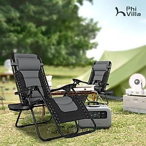 PHI VILLA Padded Zero Gravity Lounge Chair Folding Patio Recliner with Adjustable Headrest & Cup Holder, Support 350 LBS (Grey)