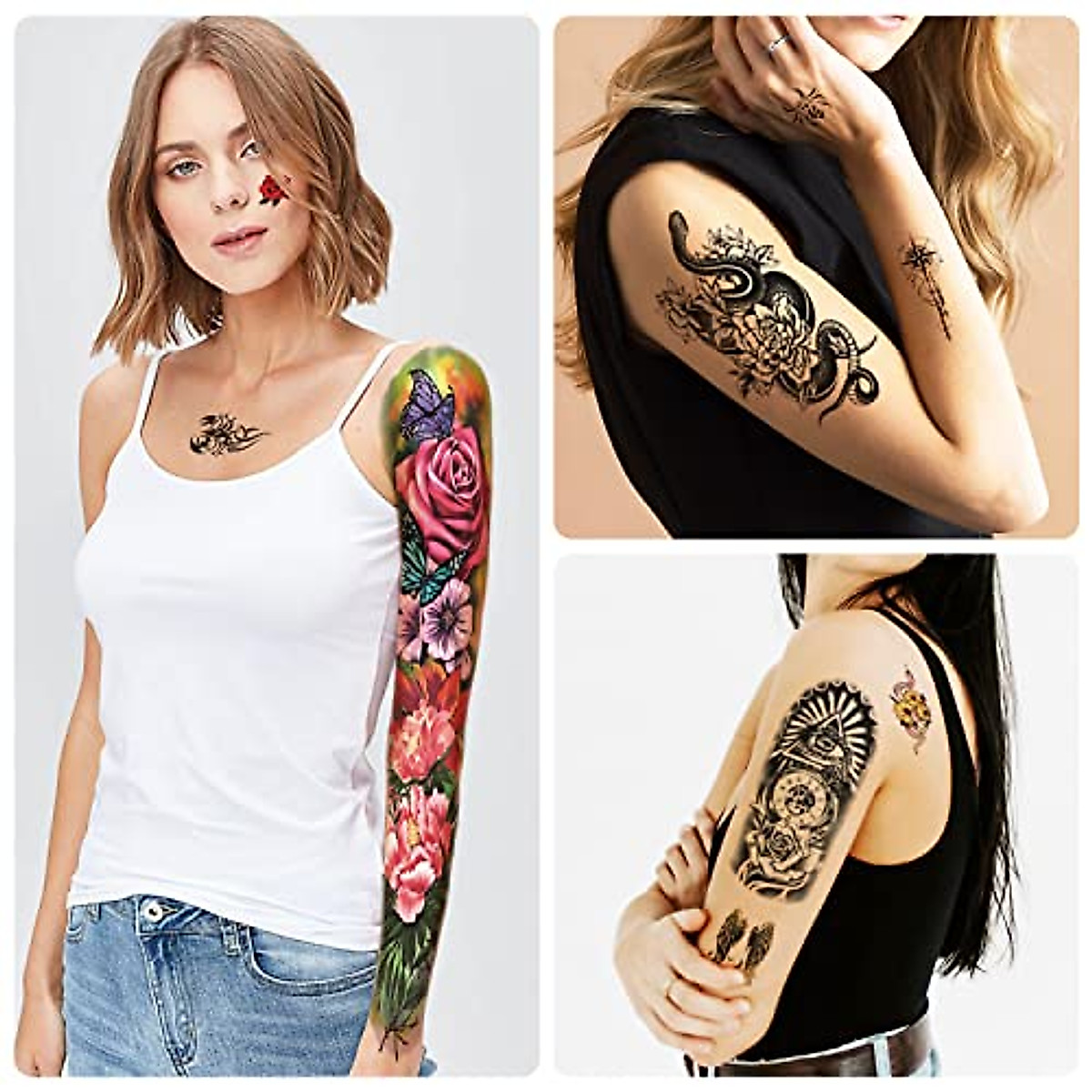 55 Sheets Temporary Tattoo for Men and Women, 8 Full Arm Fake Tattoos, 17 Half Arm Fake Skull Flower Tattoos, 30 Tiny for Adults Kids Body Shoulder Tattoos Stickers Waterproof Realistic Long-Lasting