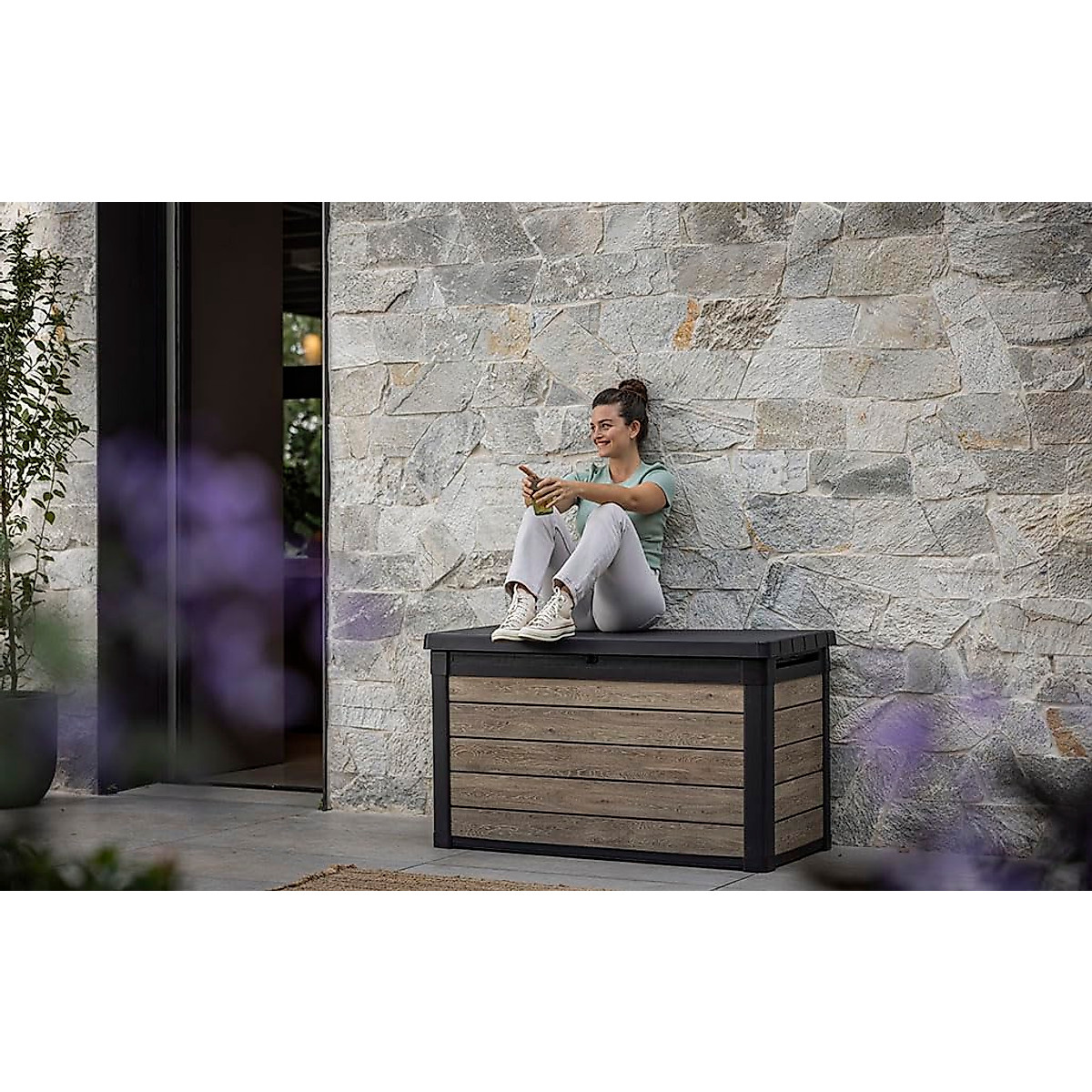 Keter Ashwood 100 Gallon Resin Deck Box Organization and Storage for Patio Furniture Outdoor Cushions, Throw Pillows, Garden Tools and Pool Toys, Brown