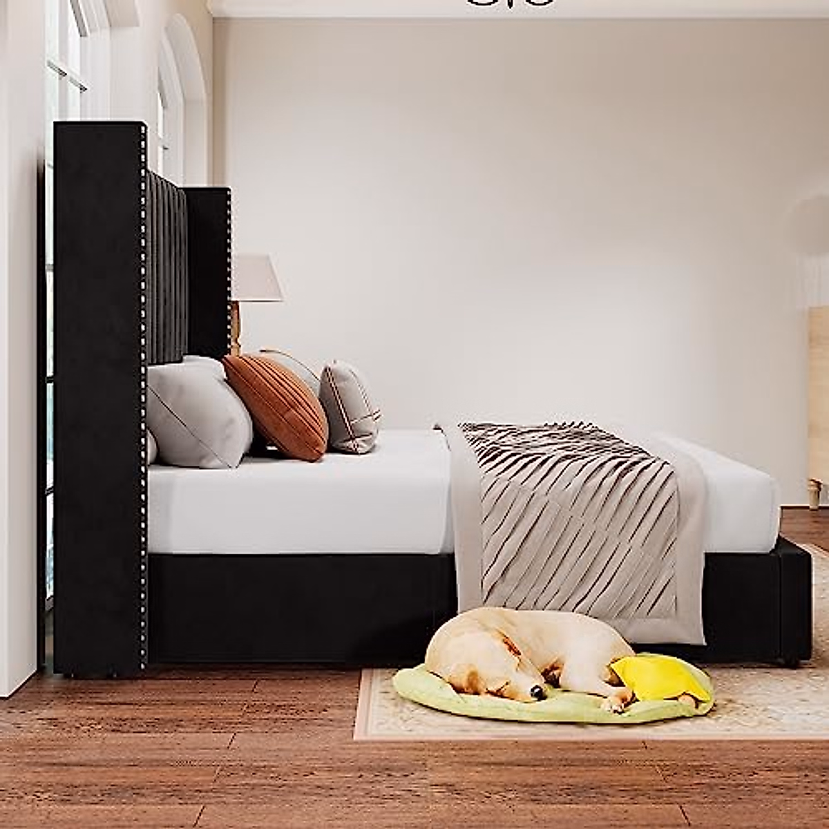 Jocisland King Bed Frame Lift Up Storage Bed, Velvet King Upholstered Bed Frame/Channel Tufted Wingback Headborad/No Box Spring Needed/Black