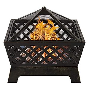 Douup 26" Extra Deep Fire Pit Backyard Patio Garden Stove Wood Burning Fireplace W/Long Fire Poker,Mesh Lid,Rain Cover