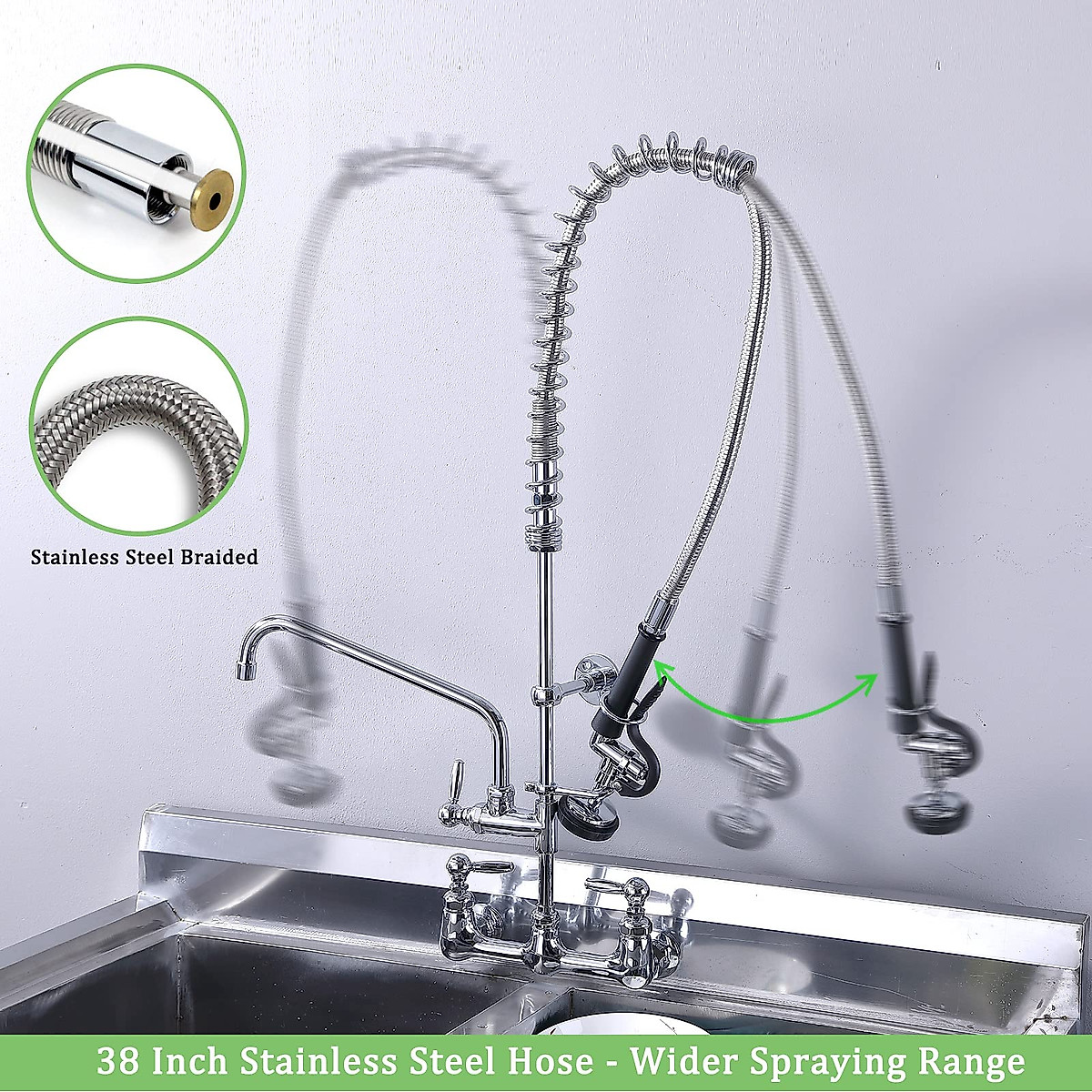 HYAHDEN Commercial Faucet with Pre Rinse Sprayer, 8 Inch Wall Mount Faucet for 3 Compartment Sink, Commercial Faucet Restaurant Kitchen Faucet with 12” Spout, 35" Height, Industrial, Chrome, Brass