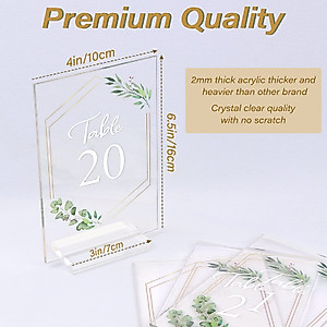 AerWo Acrylic Wedding Table Numbers 1-10 with Stands, 4x6 inches Clear Sign Place Cards with Gold Trim Green Floral Theme, Rustic Table Numbers for Wedding Reception Anniversary Baby Bridal Shower
