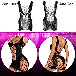 QuneusHot 7 pieces Fishnet Babydoll lingerie Dress Chemise Bikni Cover Outfit Halter Nightwear Long Sleeve S-XXXL Black