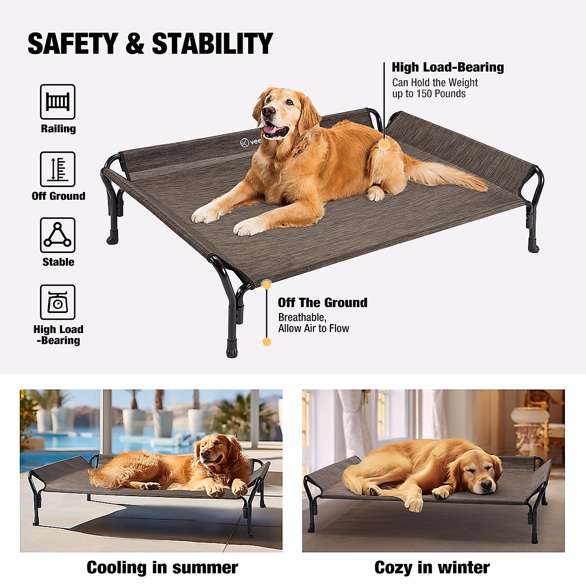 Veehoo Cooling Elevated Dog Bed, Guardrail, Chewproof Frame with Washable & Breathable Teslin Mesh, Non-Slip Dog Sofa Bed Cot for Indoor & Outdoor, X Large, Brown