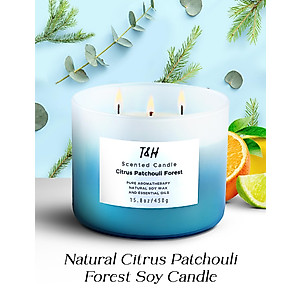 Large Citrus Patchouli Eucalyptus & Cedar Forest 3-Wick Candle - Highly Scented Natural Soy Candle for Home & Office 15.8 oz - Aromatherapy Stress Relief Candle, Refreshing Gift Candle for Women & Men