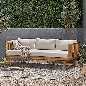 Christopher Knight Home Tina Outdoor 3 Seater Acacia Wood Daybed, Teak Finish, Light Grey