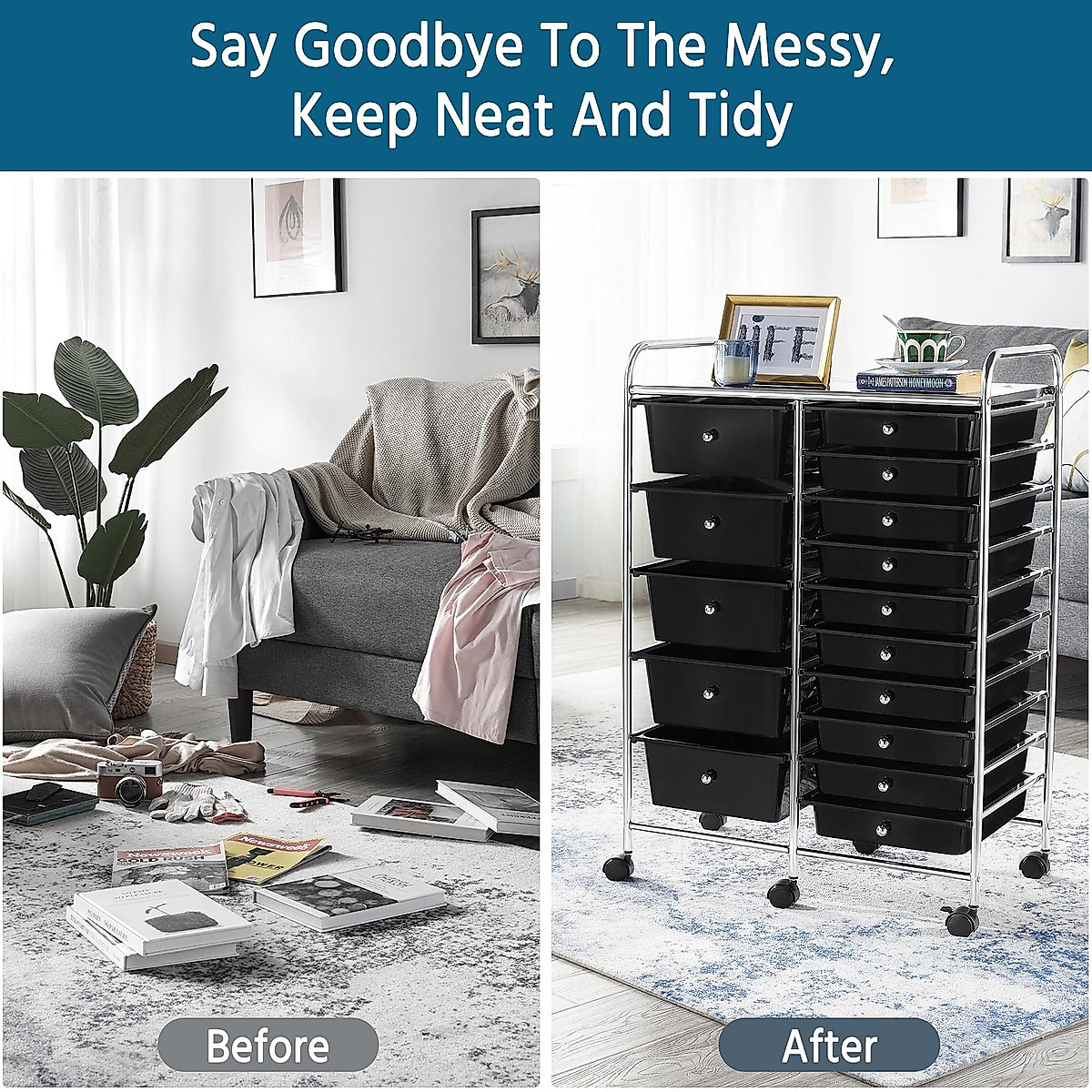 Yaheetech 15 Drawers Rolling Storage Cart Multipurpose Mobile Rolling Utility Storage Organizer Cart Tools Scrapbook Paper Organizer on Wheels, Black