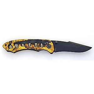 Camouflaged Handled Hunting Knife with a single 7-1/2 Folding Straight Edge Black Smooth Blade made of 440 Stainless Steel