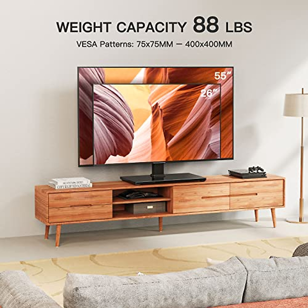 PERLEGEAR Universal TV Stand Base, Swivel Table Top TV Stand for 26-50 Inch TV and Monitor, Height Adjustable VESA Monitor Stand with Tempered Glass Base Holds up to 88lbs, Max VESA 400x400mm