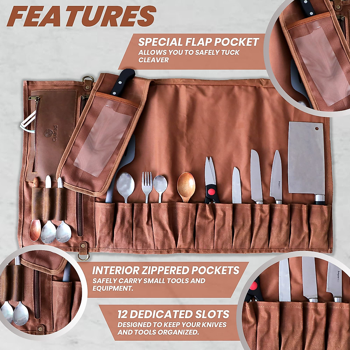 Leather Knife Roll Chef Bag Knife Storage Roll Bag 12 Dedicated Slots Interior Zipped Pocket Special Flap Pocket for Cleaver Portable Knife Bag Case Storage