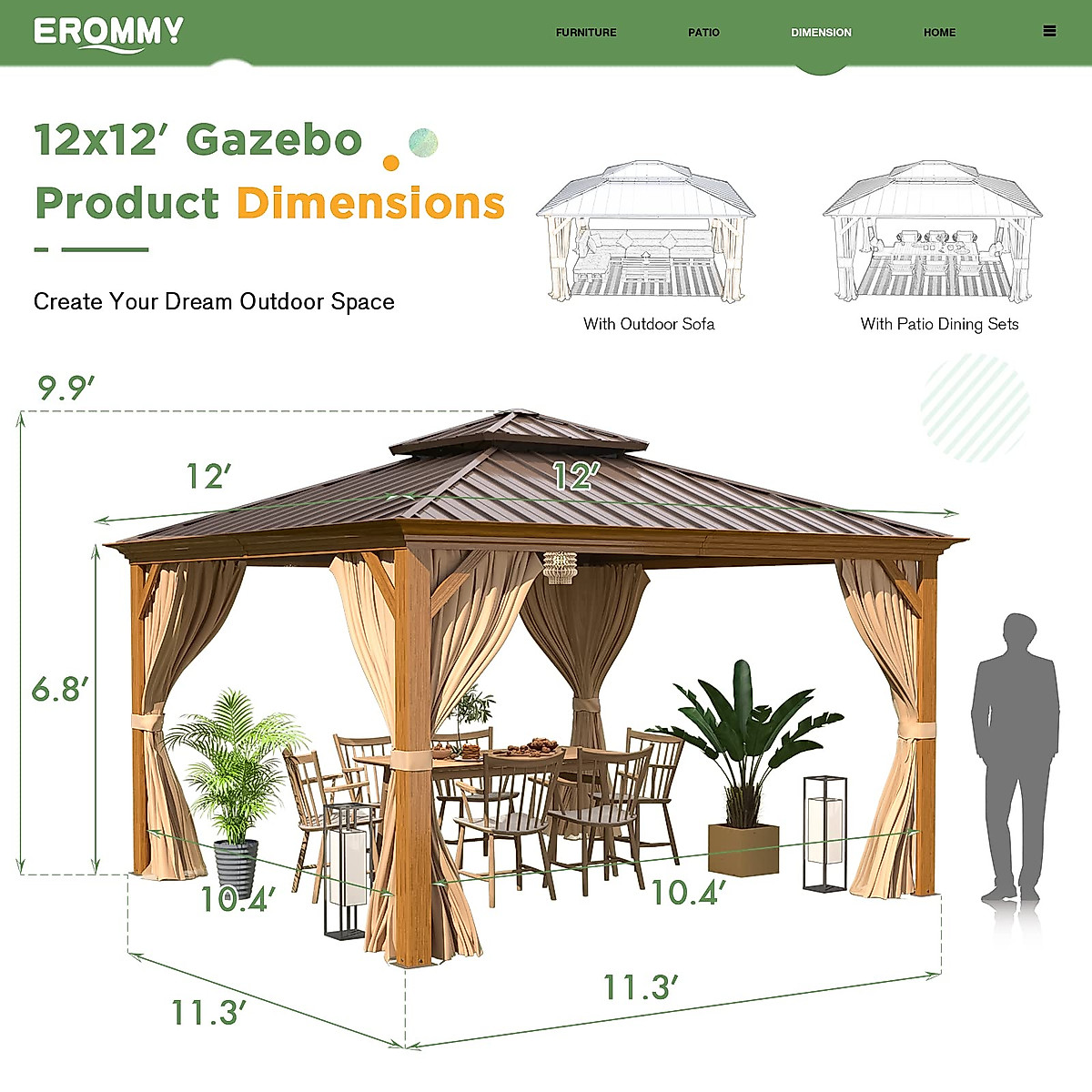 EROMMY 12' x 12' Gazebo, Wooden Finish Coated Aluminum Frame Canopy with Double Galvanized Steel Hardtop Roof, Outdoor Permanent Metal Pavilion with Curtains and Nettings for Patio, Backyard and Deck