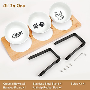 3 Elevated Cat Bowls Tilted Anti Vomiting Ceramic Raised Cat Food Bowls for Food and Water, Cat Dishes for Indoor Cats with Non-Slip Stand & Bamboo Board, Dishwasher Safe - 1 Step Assemble