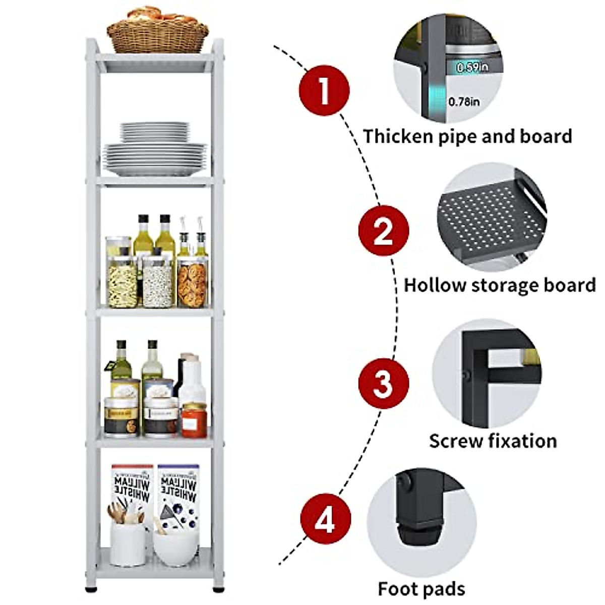 villertech 5 Tier Metal Storage Shelving Units Bathroom Standing Shelves Narrow Storage Rack Shelf for Kitchen Living Room Office Laundry Pantry White