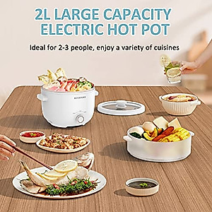Hoyatoka Electric Hot Pot, 2L Portable Non-Stick Electric Cooker with Steamer, Multifunction Mini Electric Pot Ramen Cooker for Sauté, Stir Fry, Steak, Eggs, Oatmeal, Ramen, Soup, Electric Skillet with Dual Power Control for Dorm and Office, White