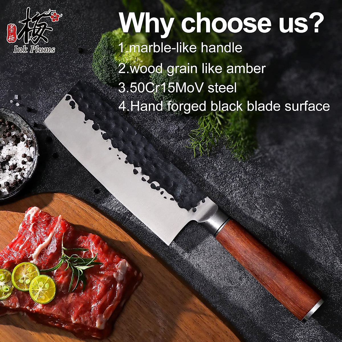 Ink Plums 6.5 Inch Kitchen Nakiri Knife,Vegetable Cleaver Knife Asian Usuba Knife,Stainless Steel With Hand-forged,Brazilian Rosewood Handle and Gift Box for Family & Restaurant