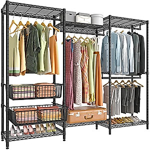 VIPEK V10 Wire Garment Rack 5 Tiers Heavy Duty Clothes Rack with Hanging Rods, Wire Shelves & 2 Slid Storage Baskets, Large Size Clothing Rack 85.4" W x 15.7" D x 76.4" H, Max Load 800 LBS, Black