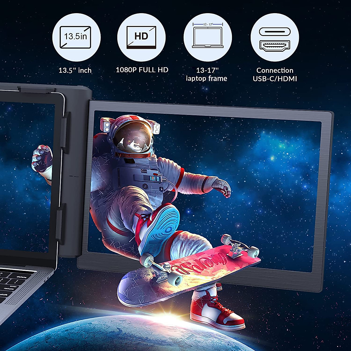 FICIHP 13.3" Laptop Screen Extender for M1 MacBook One Cable Plug&Play, Cooling System Triple Portable Monitor for Laptop with USB C HDMI, Monitor Attachment for Laptop Frame 13-16 inch Mac/Android