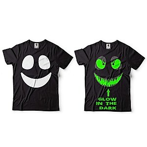 Glow in The Dark Halloween Smile Evil Face Costume Tee Shirt Party Shirts Large Black