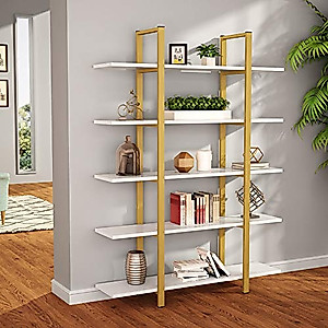 Tribesigns 5-Tier Bookshelf, Vintage Industrial Style Bookcase 70 ‘’ H x 12’’ W x 47’’L, Gold