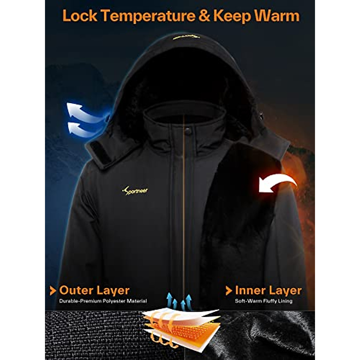Sportneer Men Waterproof Ski Jackets: Winter Spring Warm Snow Coats Windbreaker Hooded Raincoat Jacket Black L