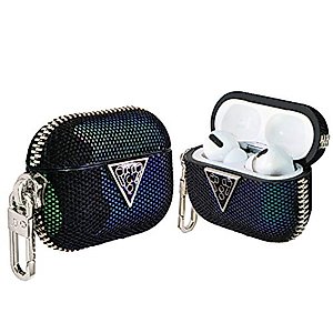 WEISHIJIE Case for AirPods Pro, AirPods Pro Case Cover, Leather AirPods Case Net Design Electroplating Metal Buckle for Men, with Gift Box (Black/Silver)