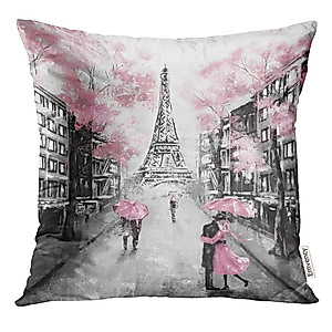 Emvency Throw Pillow Cover Oil Painting Paris European City Landscape France Eiffel Tower Black White and Pink Modern Couple Under Decorative Pillow Case Home Decor Square 18x18 Inches Pillowcase