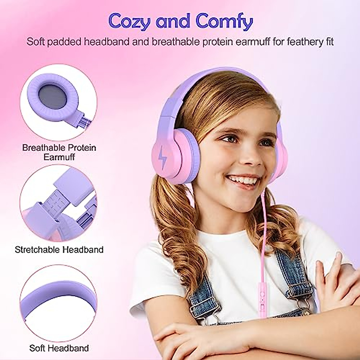 Candy Bila Kids Headphones, Wired Headphones for Kids with Microphone, 85/94dB Volume Limiter Headphones for Girls Boys with Sharing Jack, Foldable Headphones for Online Study, Gradient Red