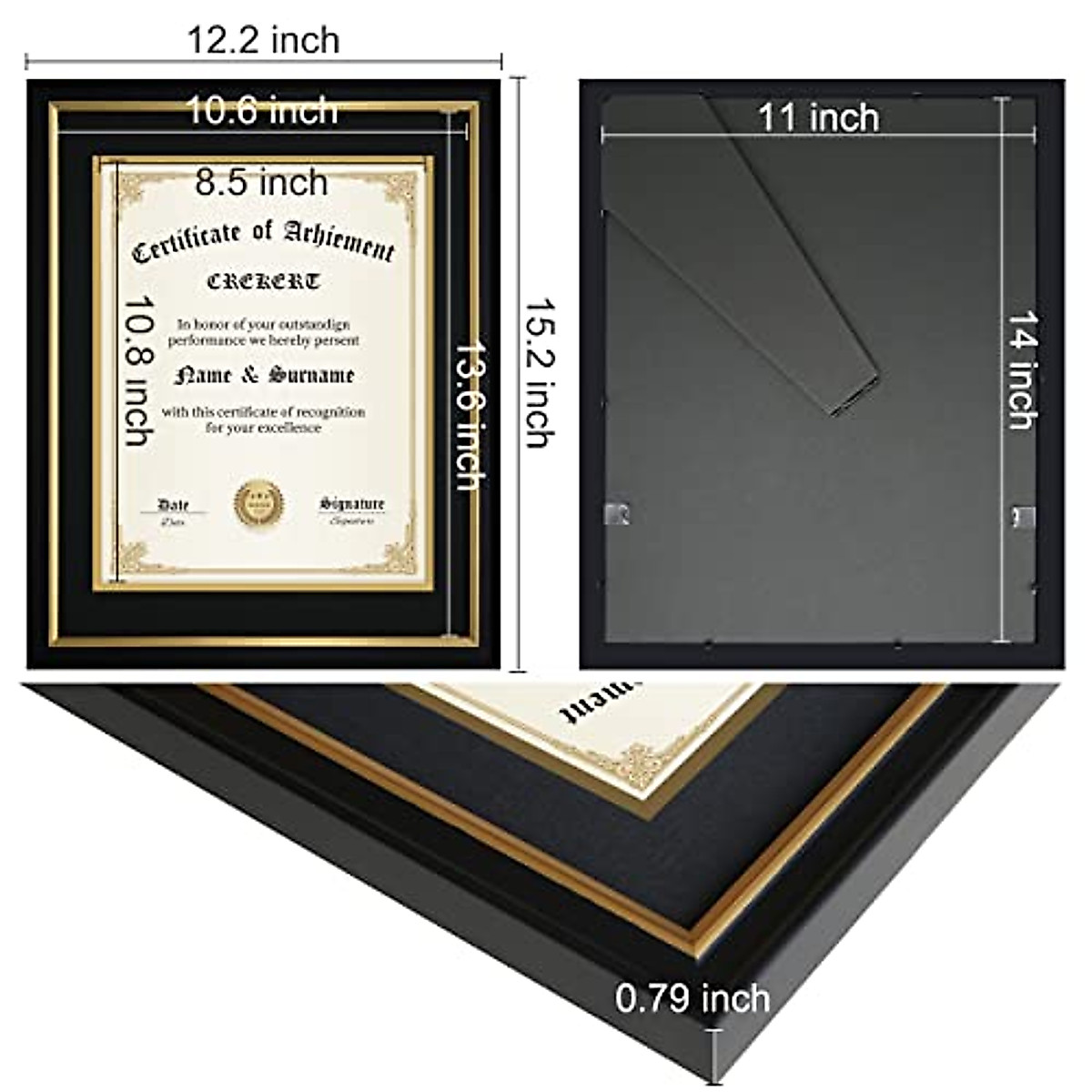 CREKERT Diploma Frame 11x14 Picture Frame Solid Wood Shatter-Resistant Glass for Documents Certificate Blackgold Frame 8.5x11 with Mat (Black Mat, 1 Pack)