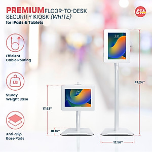 Anti-Theft Height Adjustable Kiosk Floor Stand CTA Secure Lockable Store Kiosk W/Height Adjustable Mechanism | for iPad 7/8/9 iPad Pro 11” Inch Samsung & Microsoft Tablets - White (PAD-PARAFDW)