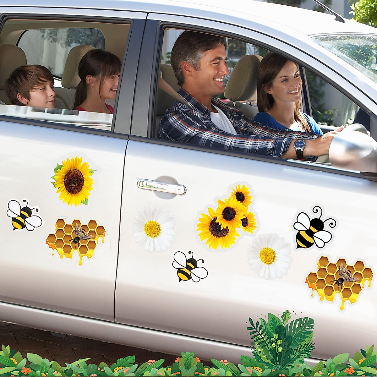 Hoteam 12 Pieces Car Magnets Sunflower Magnet Bee Honeycomb Daisy Flower Bee Magnets Cute Reflective Waterproof Honeybee Magnetic Stickers for Refrigerator Vehicles Whiteboard Locker Fridge Decor