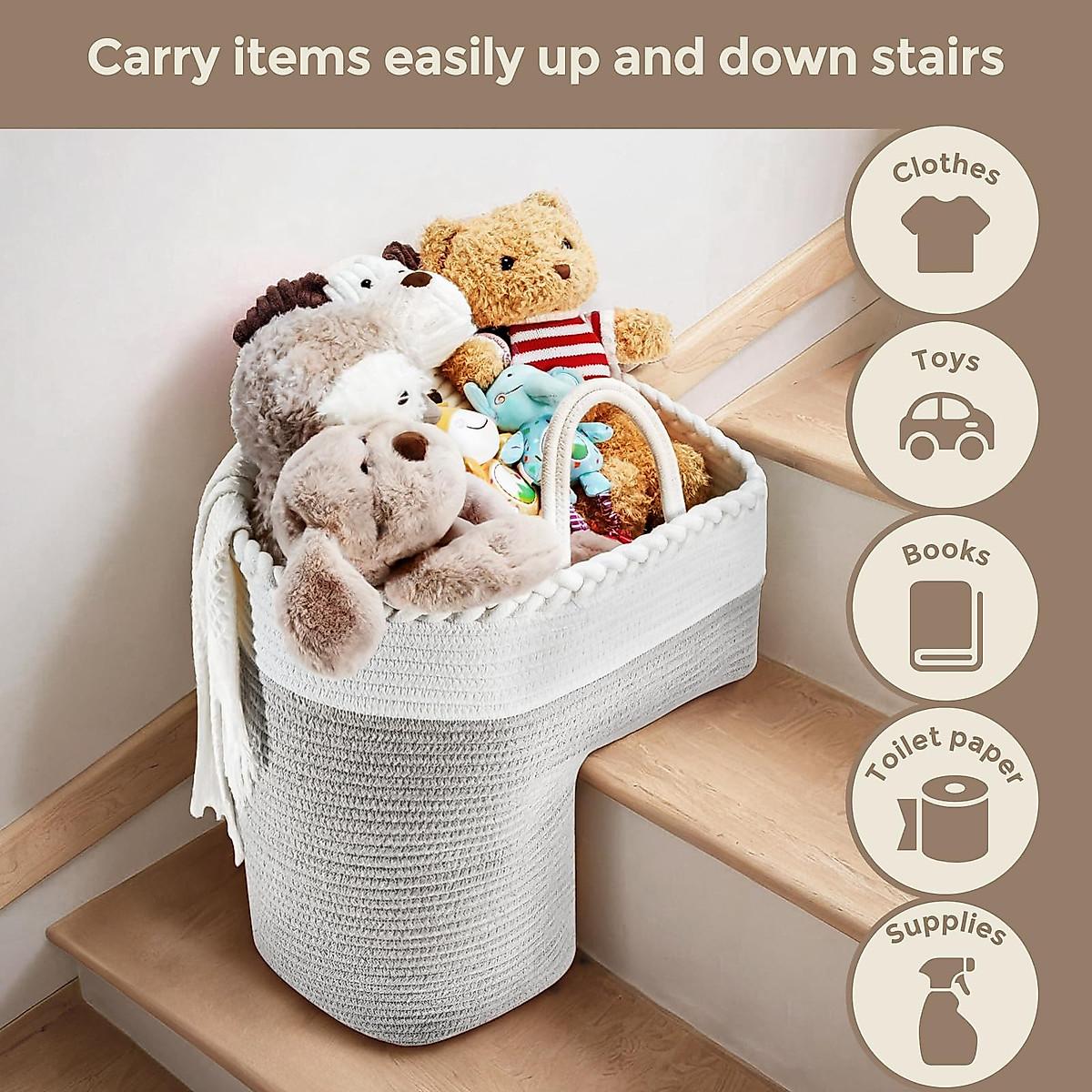 Puricon Stair Basket, Cotton Rope Staircase Basket for Carpeted and Wooden Stairs, Foldable Stair Step Storage Basket Collapsible Stair Organizer with Handle -Greywhite