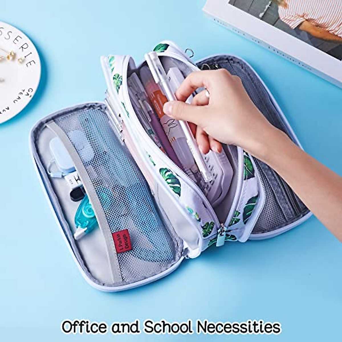 LParkin Tree Leaves Cute Pencil Case Super Large Capacity 3 Compartments Canvas Pen Bag Pouch Stationary Case Makeup Cosmetic Bag