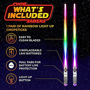 LIGHTSABER CHOPSTICKS LIGHT UP STAR WARS LED Glowing Light Saber Chop Sticks REUSABLE Sushi Lightup Sabers - 8 COLOR MODES 1 Pair