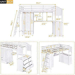 BIADNBZ Twin Size Loft Bed with Storage Wardrobe and Drawers, Wood Loftbed Frame w/Desk and Shelves for Kids/Boys/Girls/Teens Bedroom, White