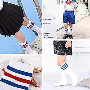 DOOVID Kids Soccer Socks Three Stripes Knee High Socks Cotton Sports Socks Toddler Boys Girls Uniform Tube Socks White Blue Red