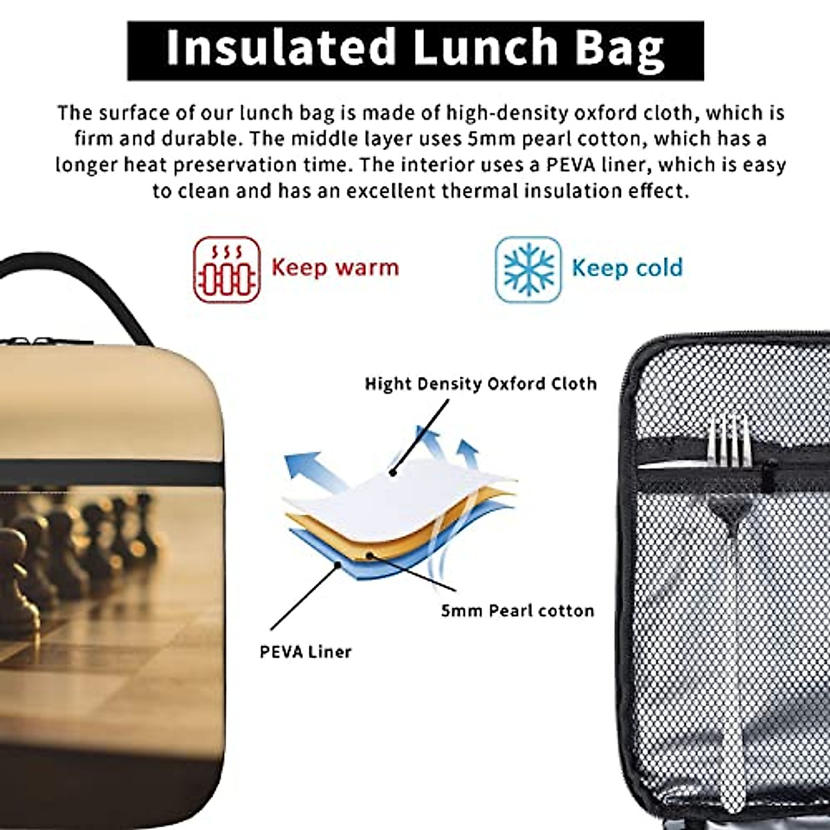 BQIUULO Lnternational Chess Lunch Bag for Men Women Tote Insulated Cooler Bags Reusable Lunch Box for College Work Office Picnic