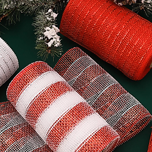 LaRibbons Deco Mesh Ribbon，10 inch x 30 feet Each Roll，Metallic Foil Red and White Rolls for Wreaths, Swags and Christmas Tree Decoration，4 Roll