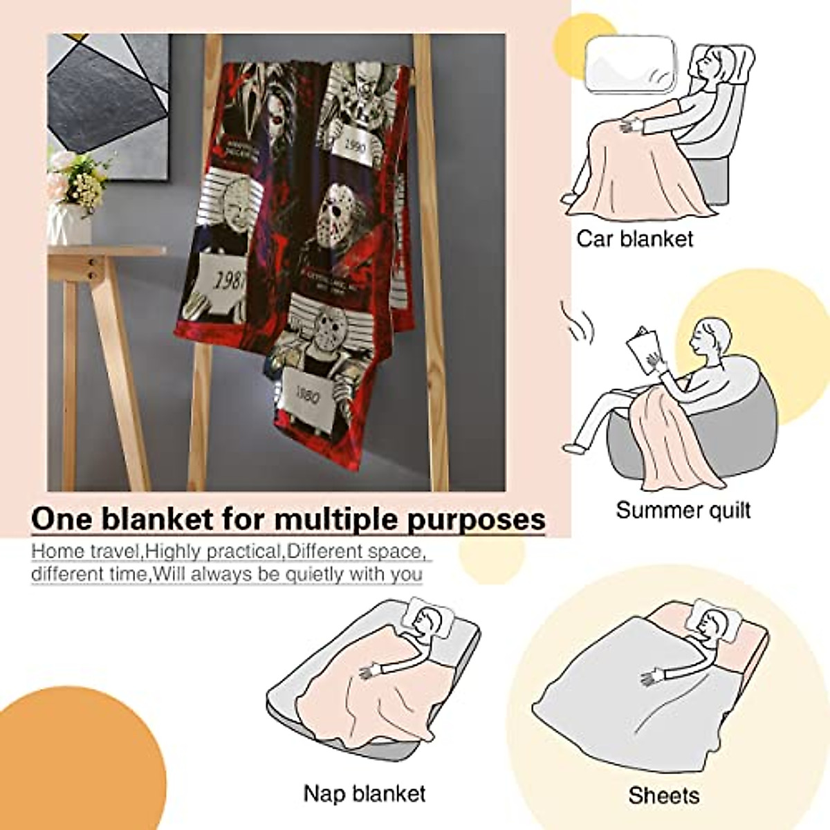 Super Soft Horror Movie Watching Blanket 50"x60" Halloween Christmas Throw Blanket Warm Lightweight Cozy Flannel Blankets for Bed Sofa Living Room